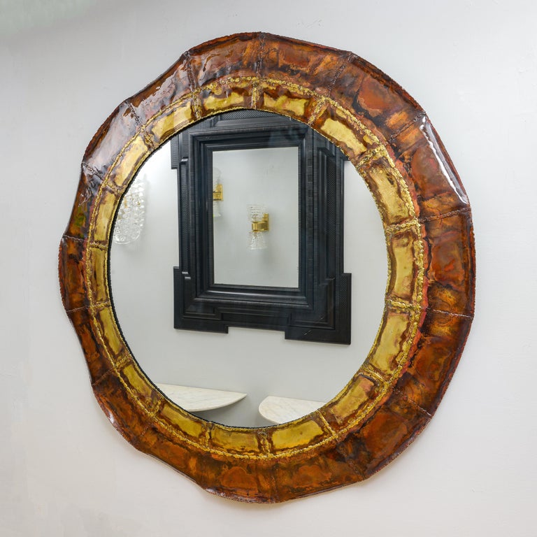 Bespoke Italian Brass and Copper Enameled Mirror For Sale at 1stDibs