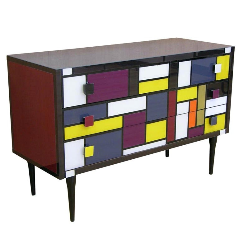 Bespoke Italian Mondrian Style Geometric Multi-Color Glass Credenza ...