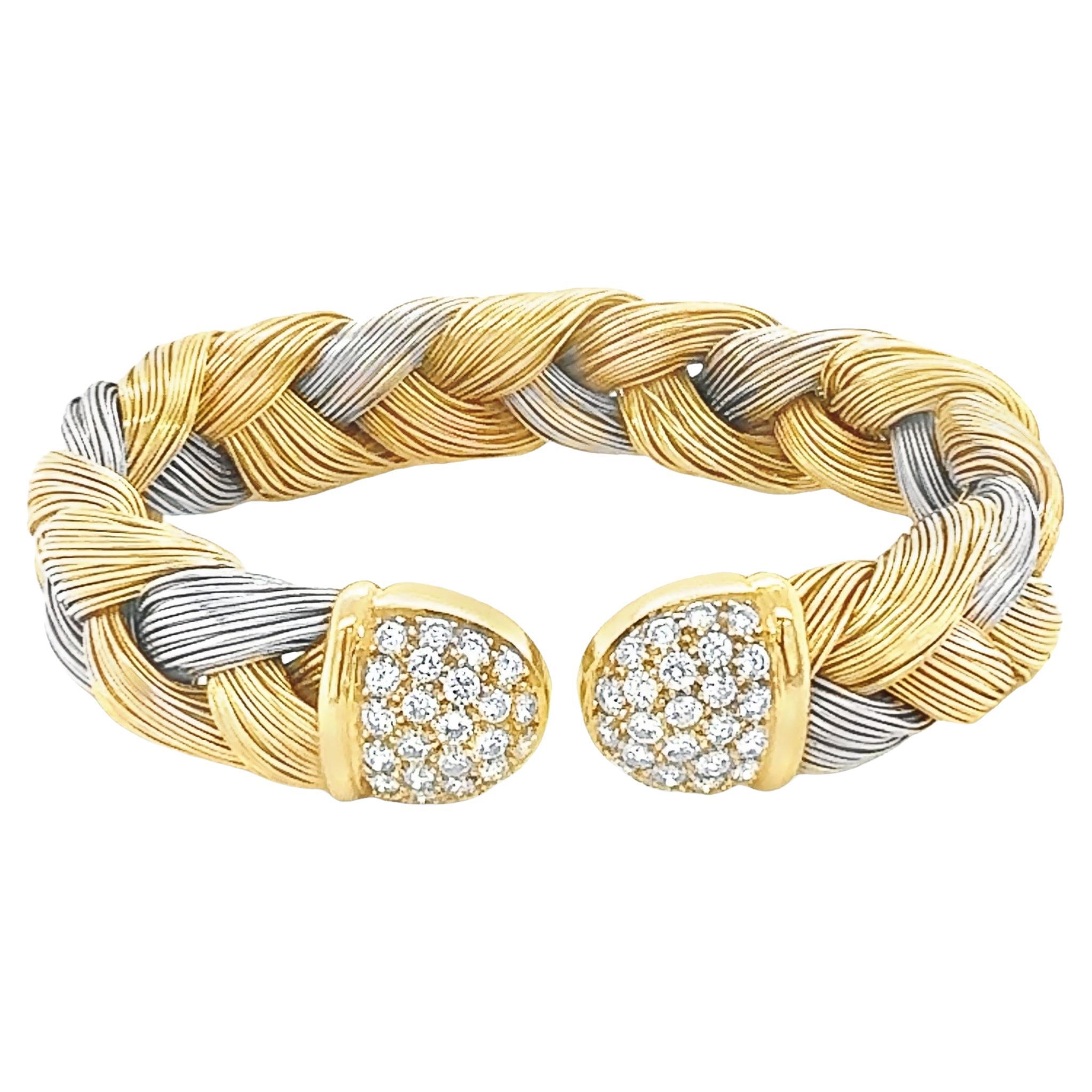 18K Italian two tone Gold diamond Woven Bracelet For Sale at 1stDibs