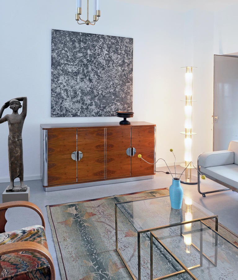 Bespoke Modernist Four Door Sideboard in Walnut Veneer and Chrome ...