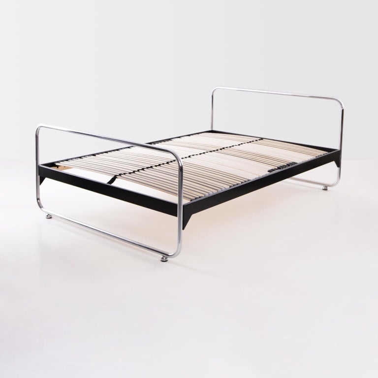 Bespoke Modernist Tubular Steel Bed, Lacquered Metal Frame, Fabric ...