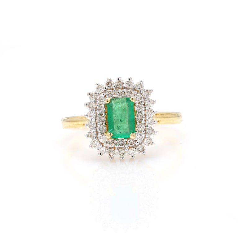 Customizable Bespoke Octagon Cut Emerald Amidst of Diamond Wedding Ring ...