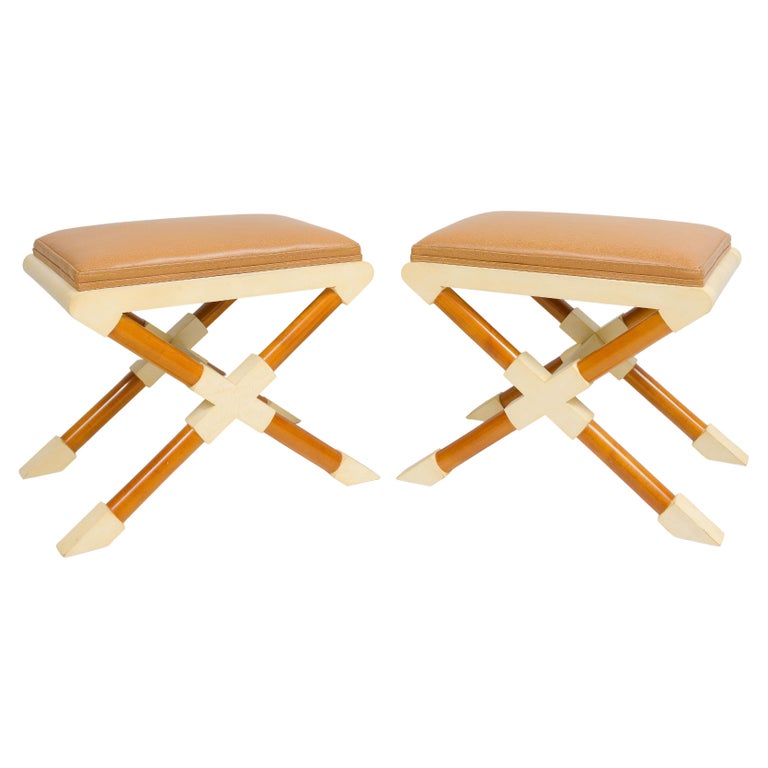 Bespoke Pair of Parchment and Walnut X-Frame Benches Upholstered in ...