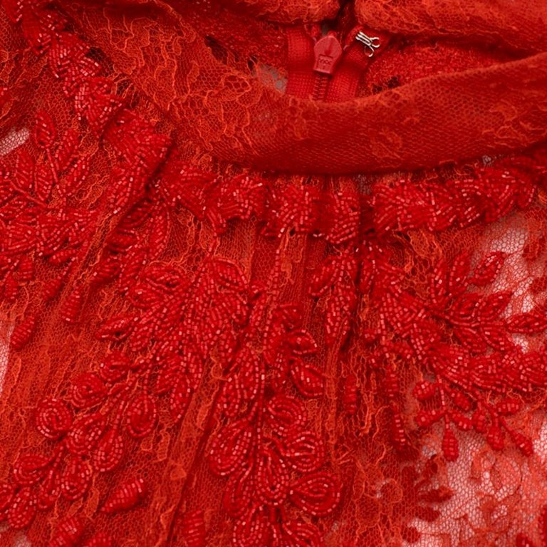 Bespoke Red Lace Beaded Embroidered Dress - Size XS/S at 1stDibs