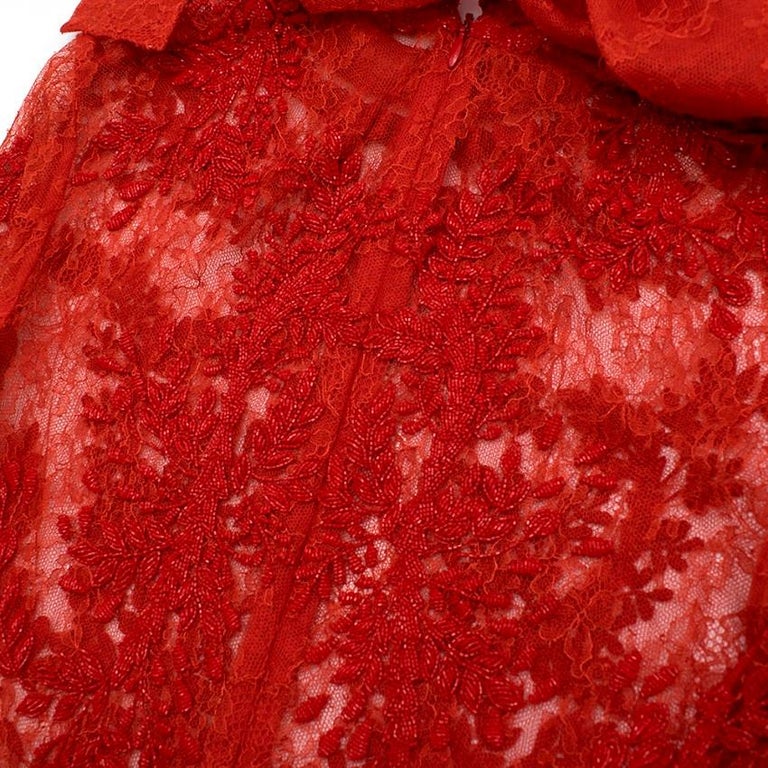 Bespoke Red Lace Beaded Embroidered Dress - Size XS/S at 1stDibs