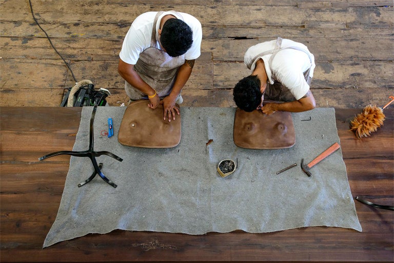 Bespoke Swivel Chair in Blue Leather and Hand Cast Brass Base by P ...