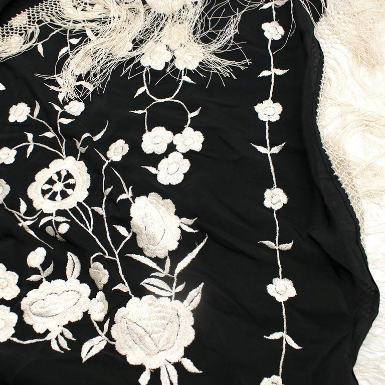Bespoke Vintage Silk Crepe Heavily Embroidered Fringed Shawl at 1stDibs