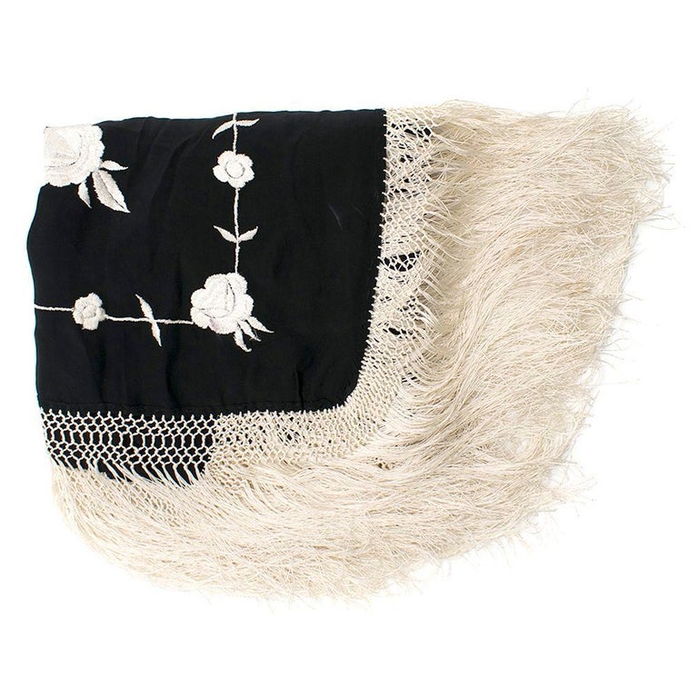 Bespoke Vintage Silk Crepe Heavily Embroidered Fringed Shawl at 1stDibs