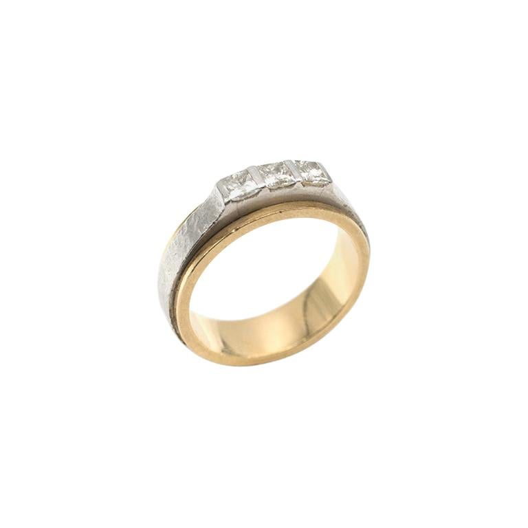 Bespoke Yellow Gold and Platinum Three-Diamond Ring at 1stDibs