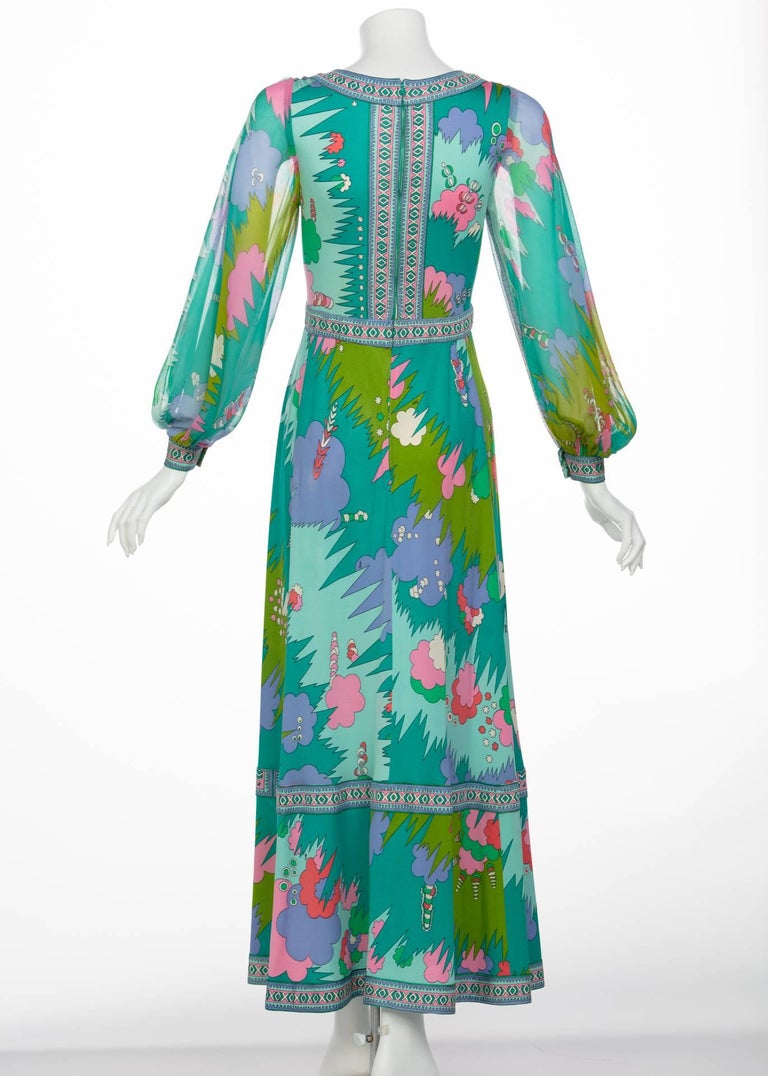 Bessi Multicolored Silk Jersey Chiffon Sleeves Maxi dress, 1970s For Sale at 1stDibs