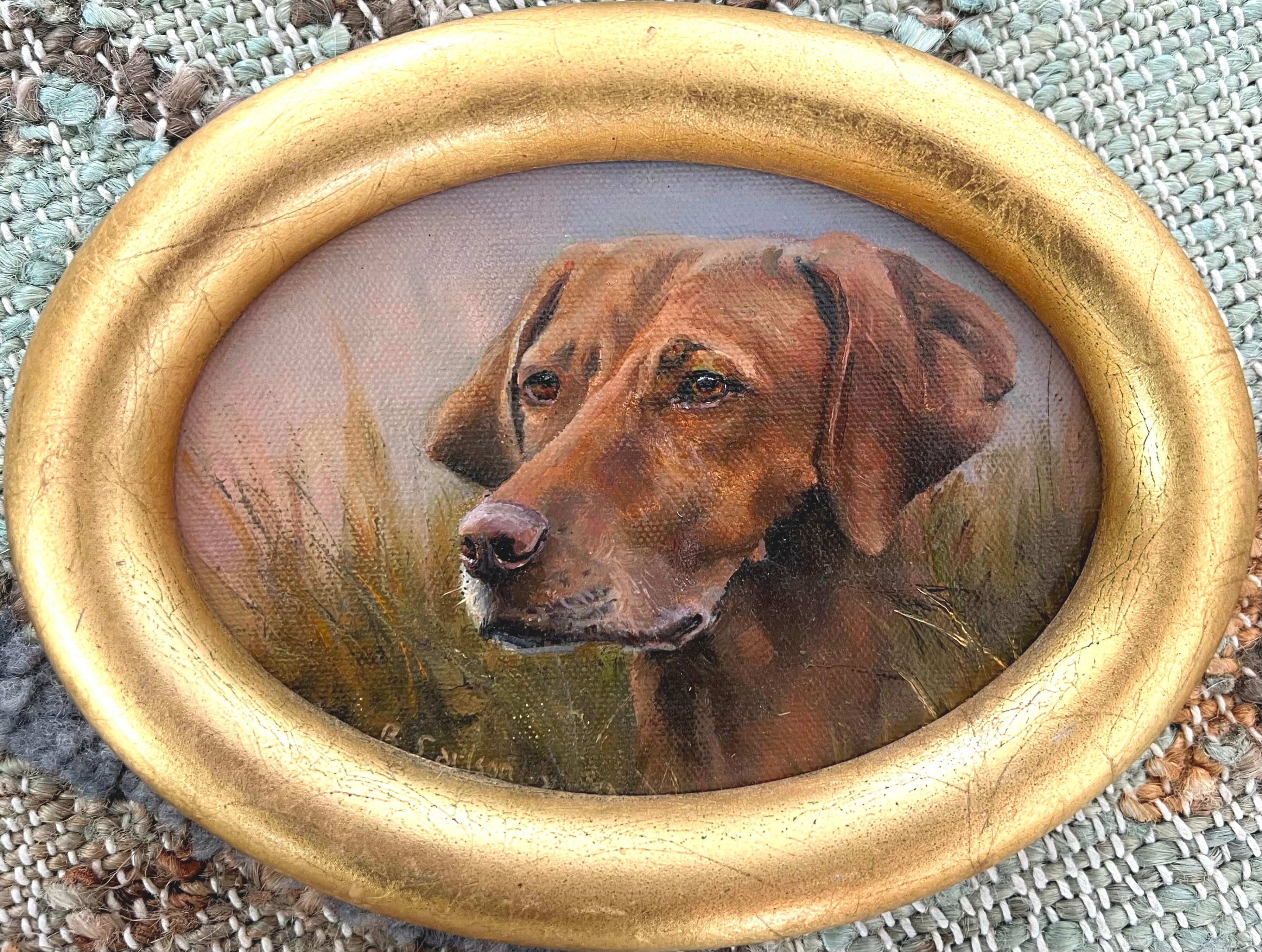 Beth Carlson - Small and Charming Oval Oil of a Handsome Vizsla in Gold ...