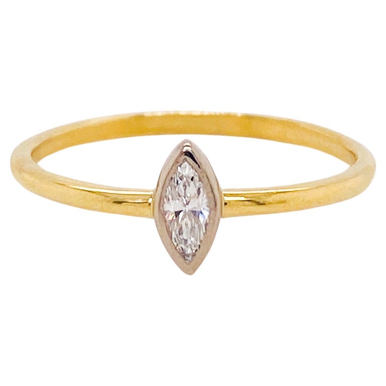 Bezel Marquise Minimalist Diamond Ring 18K Yellow Gold Band and White ...