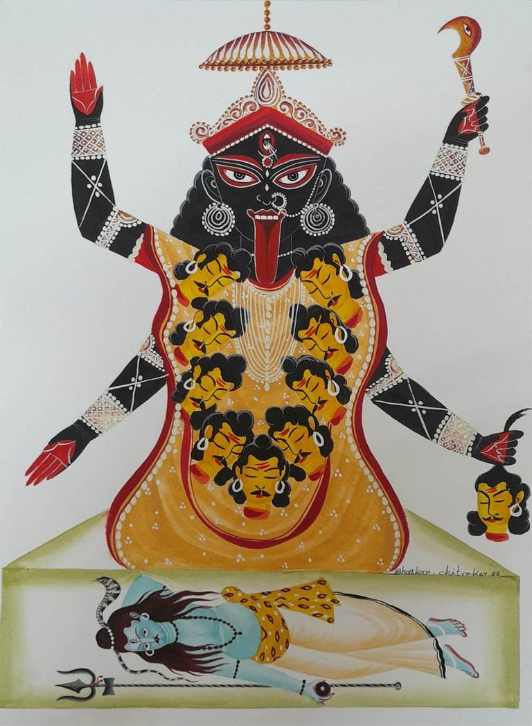 Bhaskar Chitrakar - Maa Kali, Watercolour and Gouache on Paper, Yellow ...