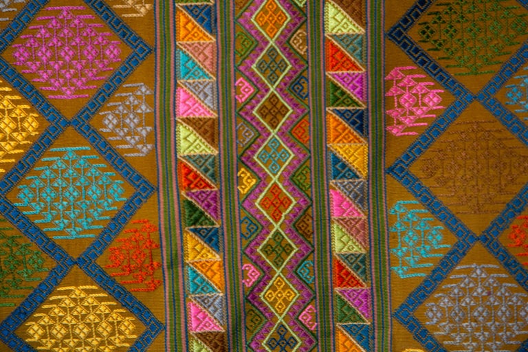 Bhutanese Silk Woven Kira Textile, Multi-Color on Brown For Sale at 1stDibs