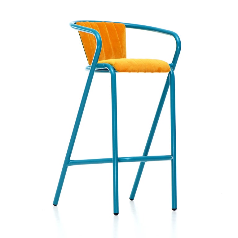 Bica Stool Modern Steel High Stool Chair Water Blue, Upholstery in Soft ...
