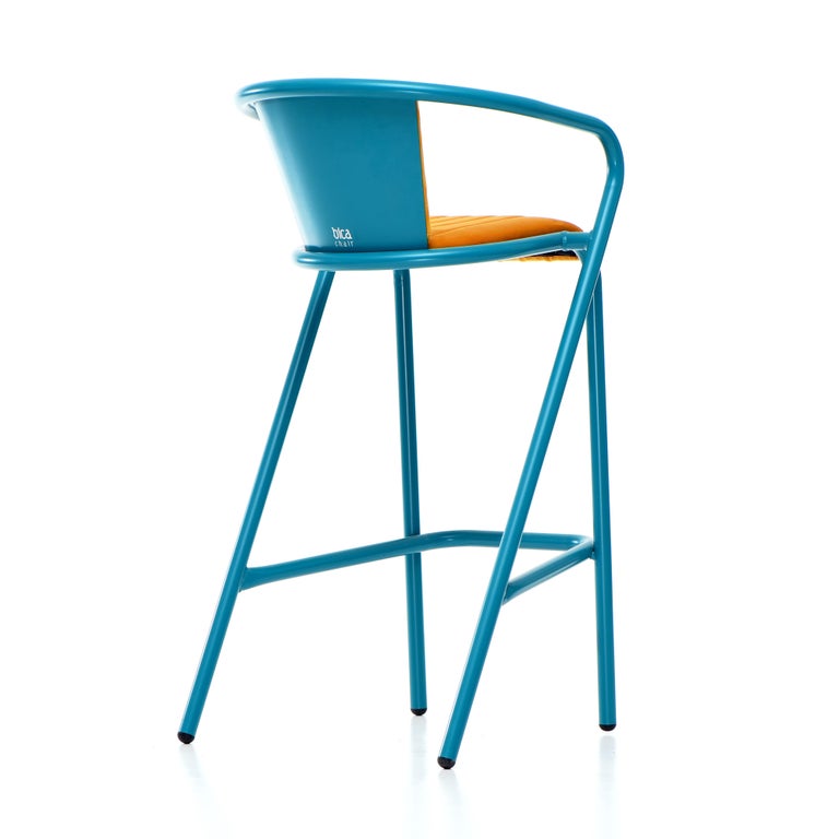 Bica Stool Modern Steel High Stool Chair Water Blue, Upholstery in Soft ...