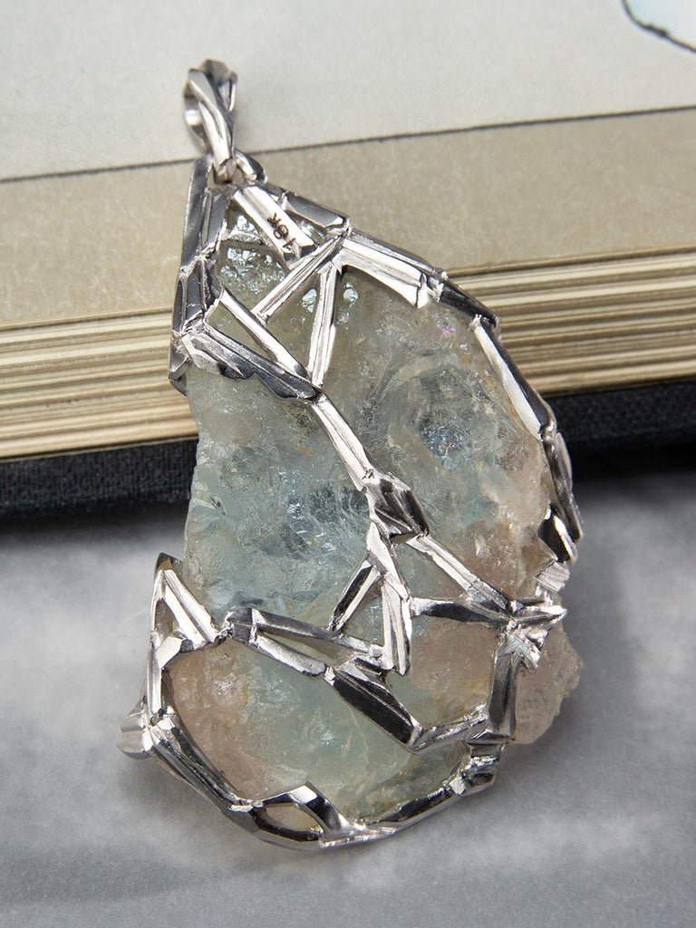 Bicolor Topaz Pendant White Gold Natural Slice Blue Gemstone Talisman ...