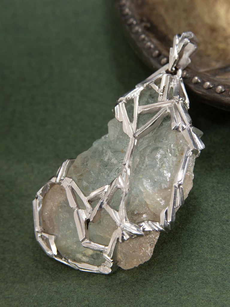 Bicolor Topaz Pendant White Gold Natural Slice Blue Gemstone Talisman ...