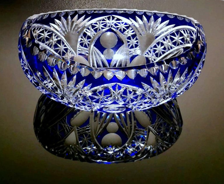 Biedermeier Style Bohemia Oval Bowl in Cut and Ground Blue Crystal at ...