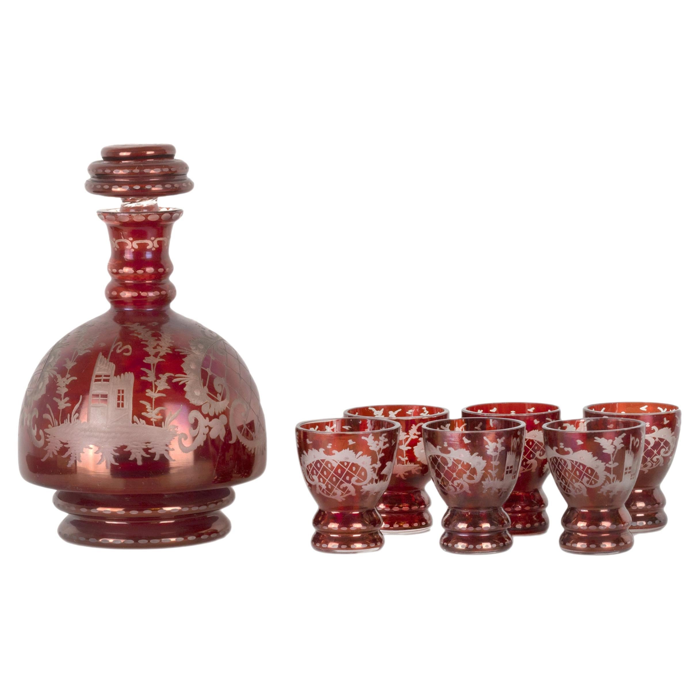 Biedermeier Style Bohemian Crystal Bottle and Glasses Set (Early 20th ...