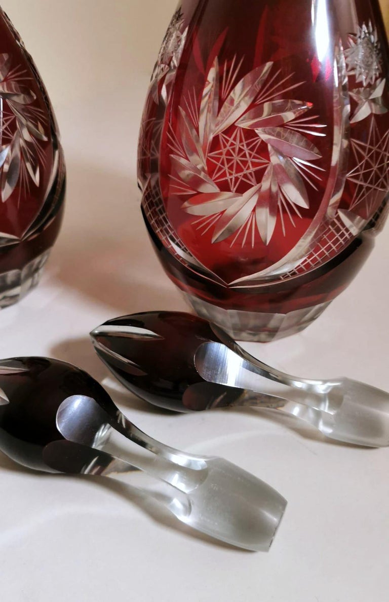 Biedermeir Style Bohemia Pair of Ruby Red Crystal Bottles Cut and ...
