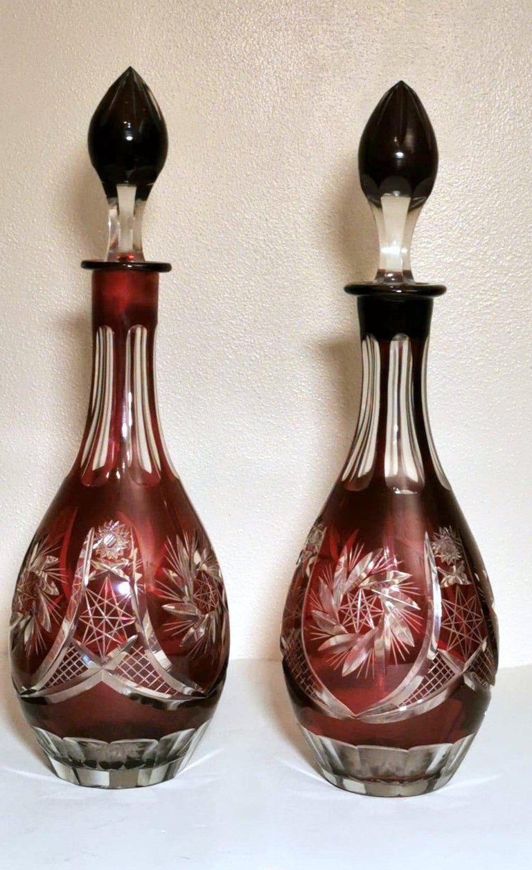 Biedermeir Style Bohemia Pair of Ruby Red Crystal Bottles Cut and ...