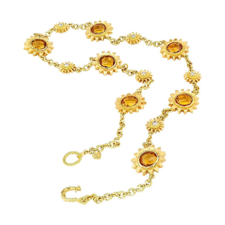 Bielka Diamond Citrine Yellow Gold Sunflower Link Necklace at 1stDibs