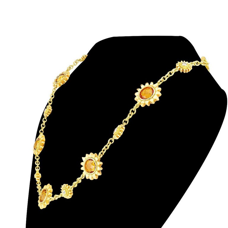Bielka Diamond Citrine Yellow Gold Sunflower Link Necklace at 1stDibs