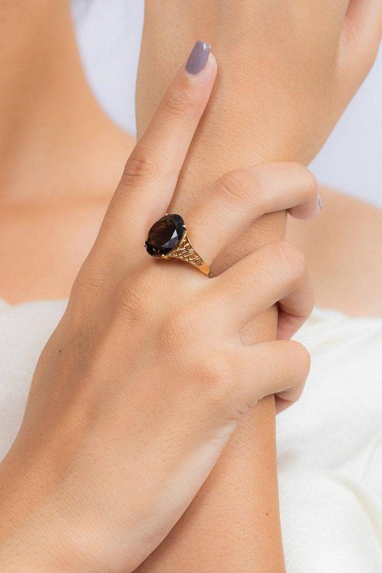 Customizable Big 14K Solid Yellow Gold Smoky Quartz Gemstone Ring For ...