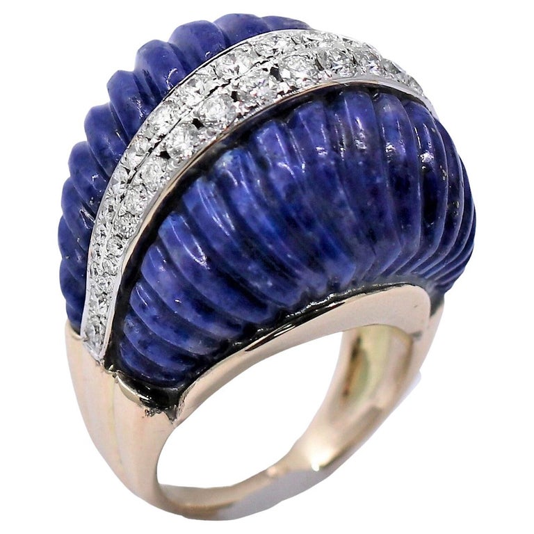 Big and Bold Vintage Yellow Gold, Fluted Lapis-Lazuli and Diamond Dome ...