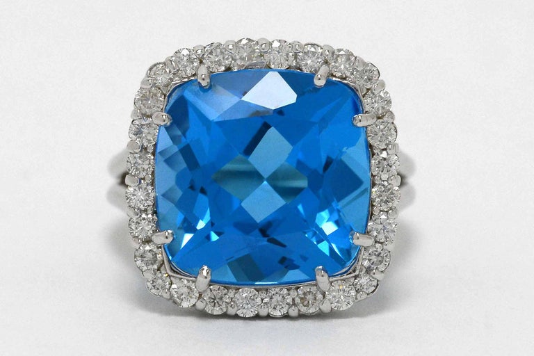 Big Blue Topaz Diamond Halo Cocktail Ring 14 Karat White Gold Square ...