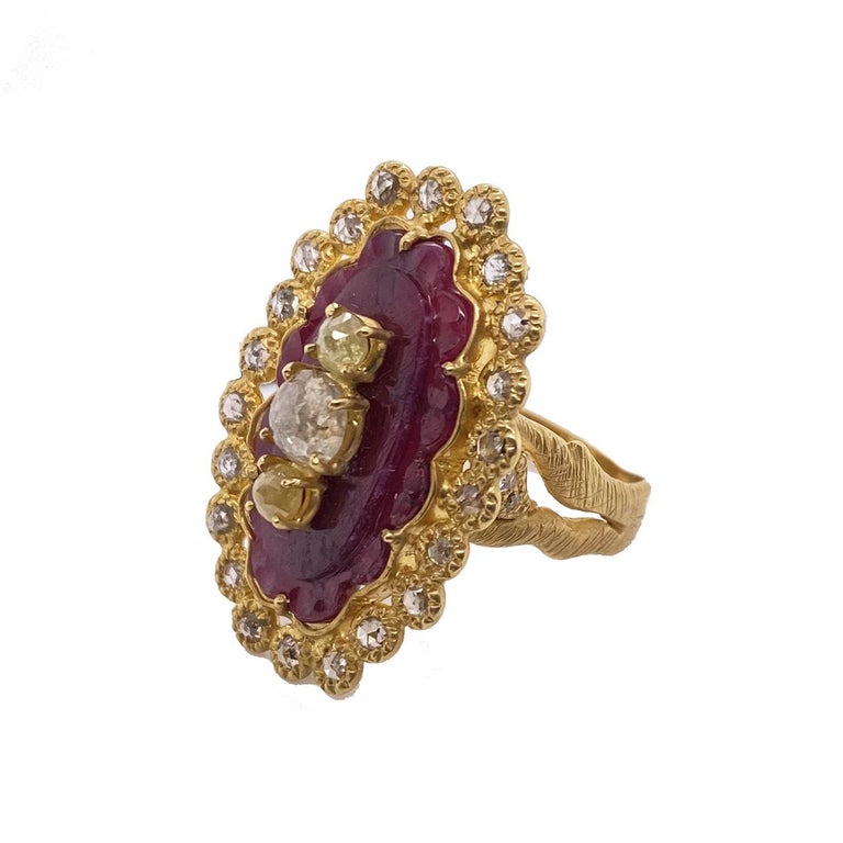 Big Carved Ruby Sunshine Gold Ring with 0.58 Carat Diamonds For Sale at ...