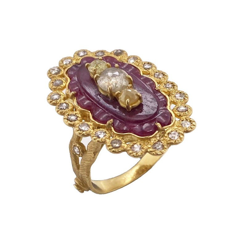 Big Carved Ruby Sunshine Gold Ring with 0.58 Carat Diamonds For Sale at ...