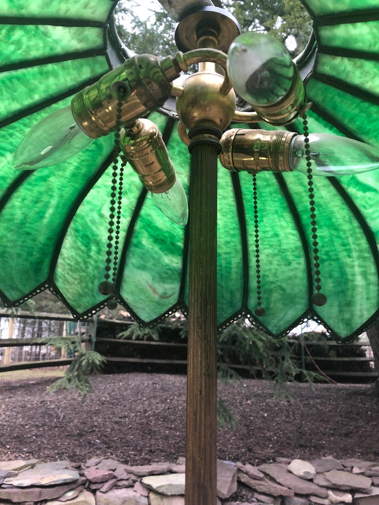 Big Luminous Green Leaded Glass and Brass Table Lamp at 1stDibs