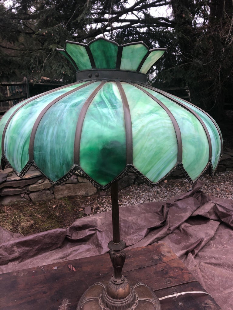 Big Luminous Green Leaded Glass and Brass Table Lamp at 1stDibs