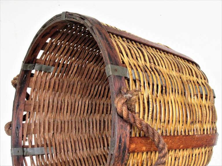 Big Rattan Reed Basket with Oak and Metal Strapping at 1stDibs