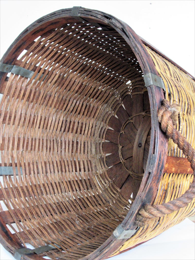 Big Rattan Reed Basket with Oak and Metal Strapping at 1stDibs