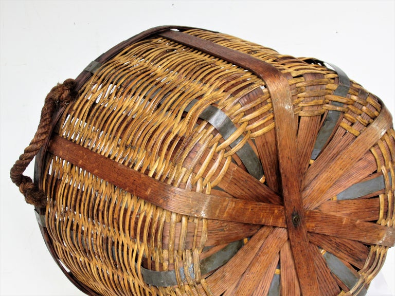 Big Rattan Reed Basket with Oak and Metal Strapping at 1stDibs