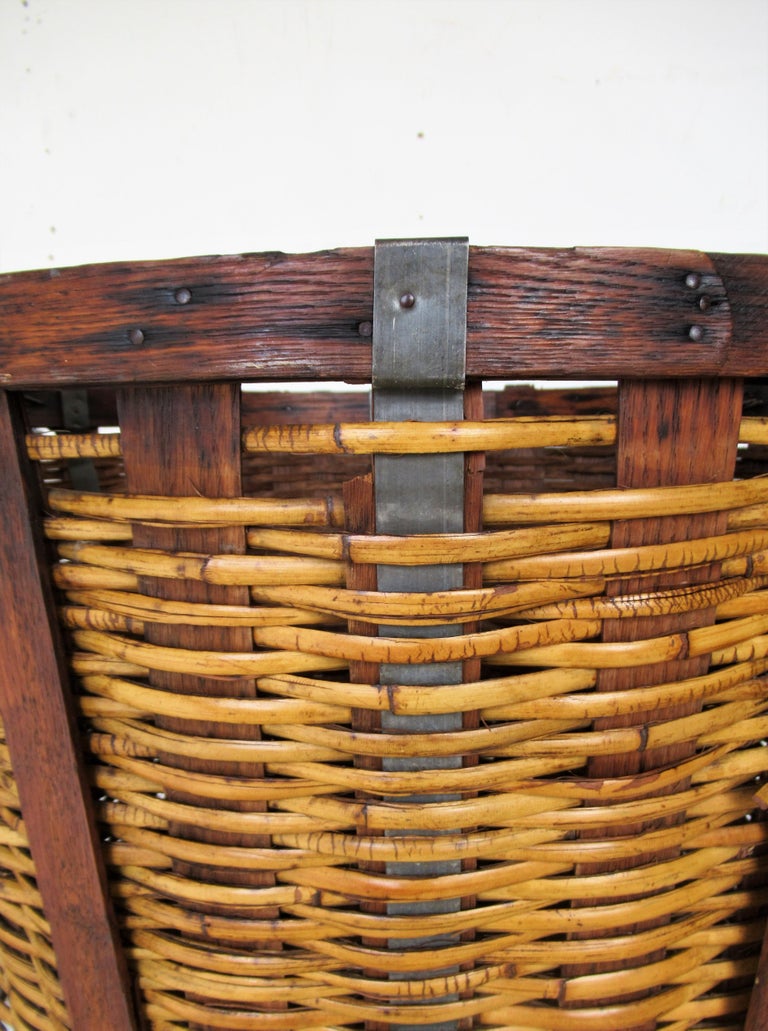 Big Rattan Reed Basket with Oak and Metal Strapping at 1stDibs