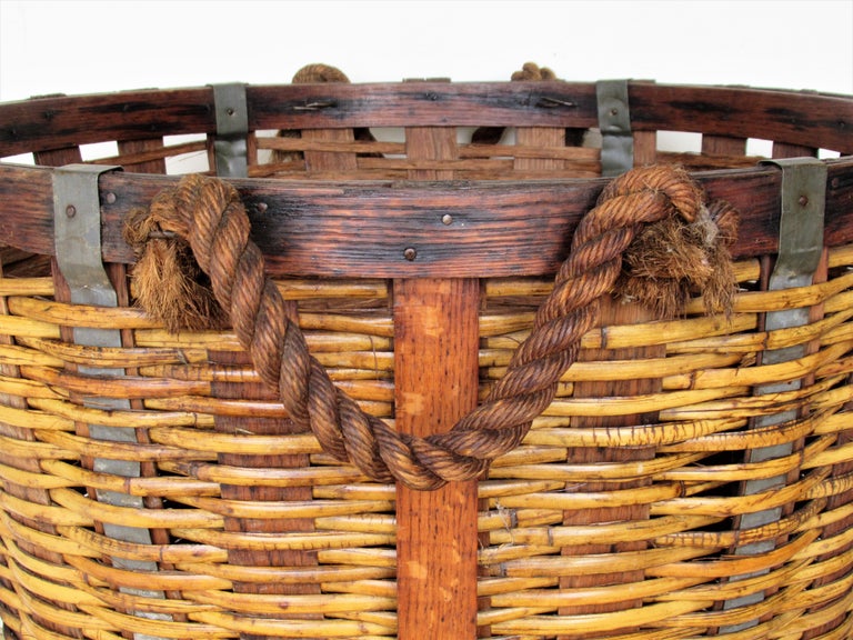 Big Rattan Reed Basket with Oak and Metal Strapping at 1stDibs