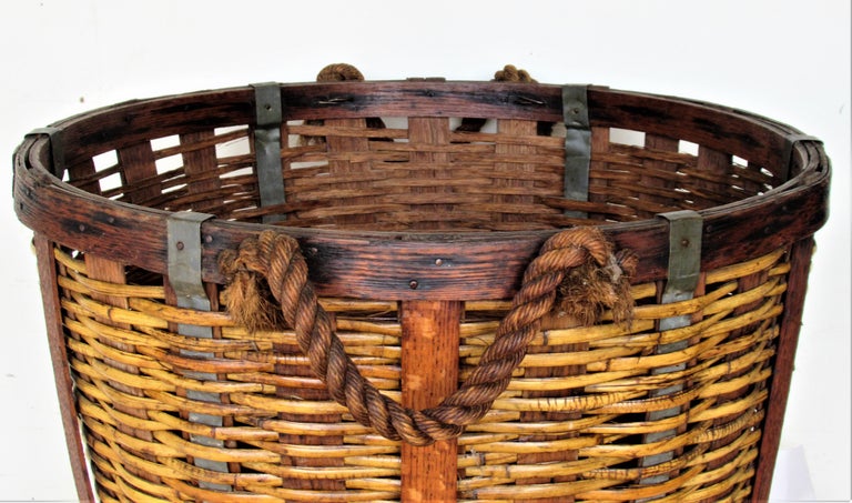 Big Rattan Reed Basket with Oak and Metal Strapping at 1stDibs