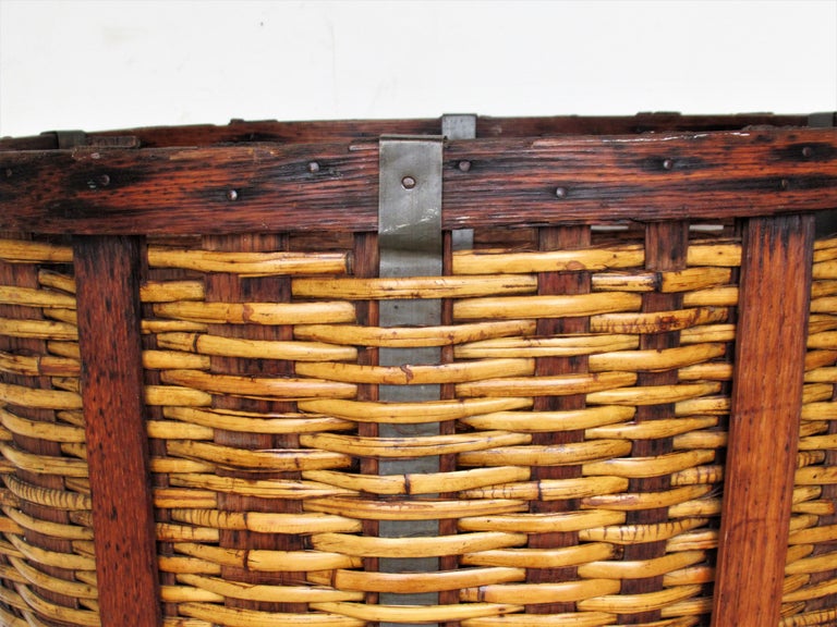 Big Rattan Reed Basket with Oak and Metal Strapping at 1stDibs