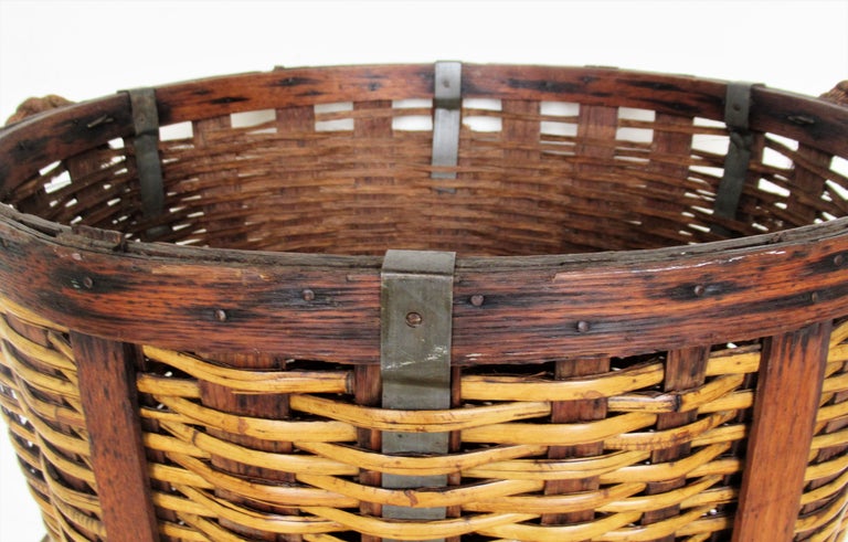 Big Rattan Reed Basket with Oak and Metal Strapping at 1stDibs