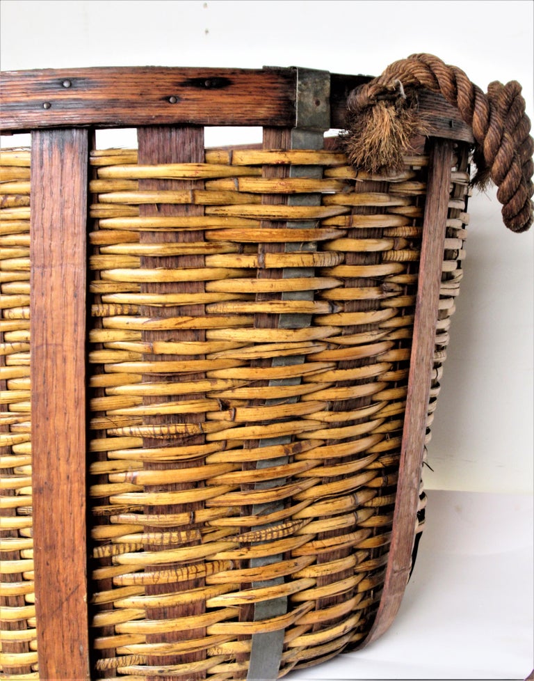 Big Rattan Reed Basket with Oak and Metal Strapping at 1stDibs
