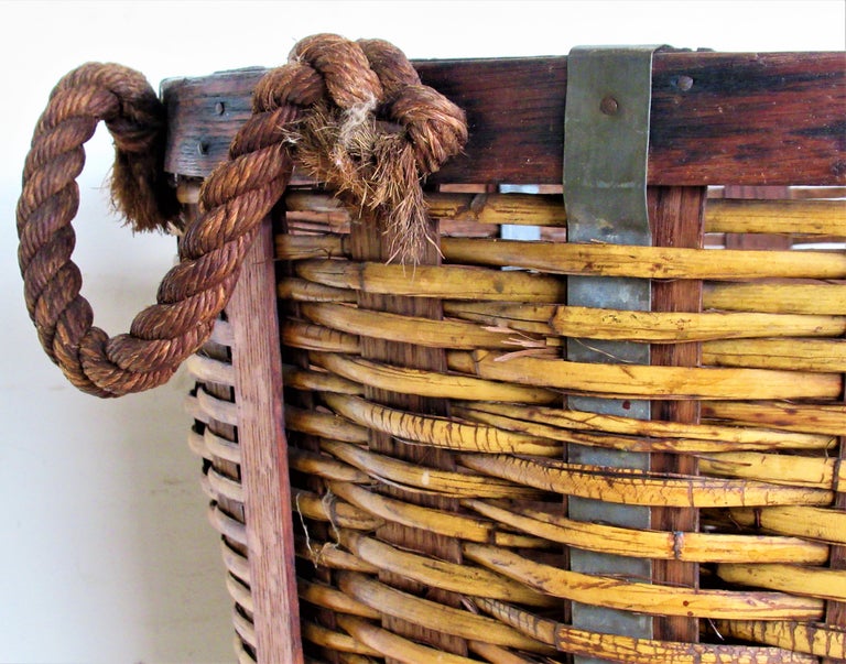 Big Rattan Reed Basket with Oak and Metal Strapping at 1stDibs