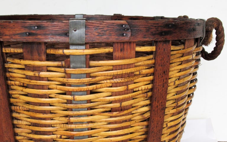 Big Rattan Reed Basket with Oak and Metal Strapping at 1stDibs