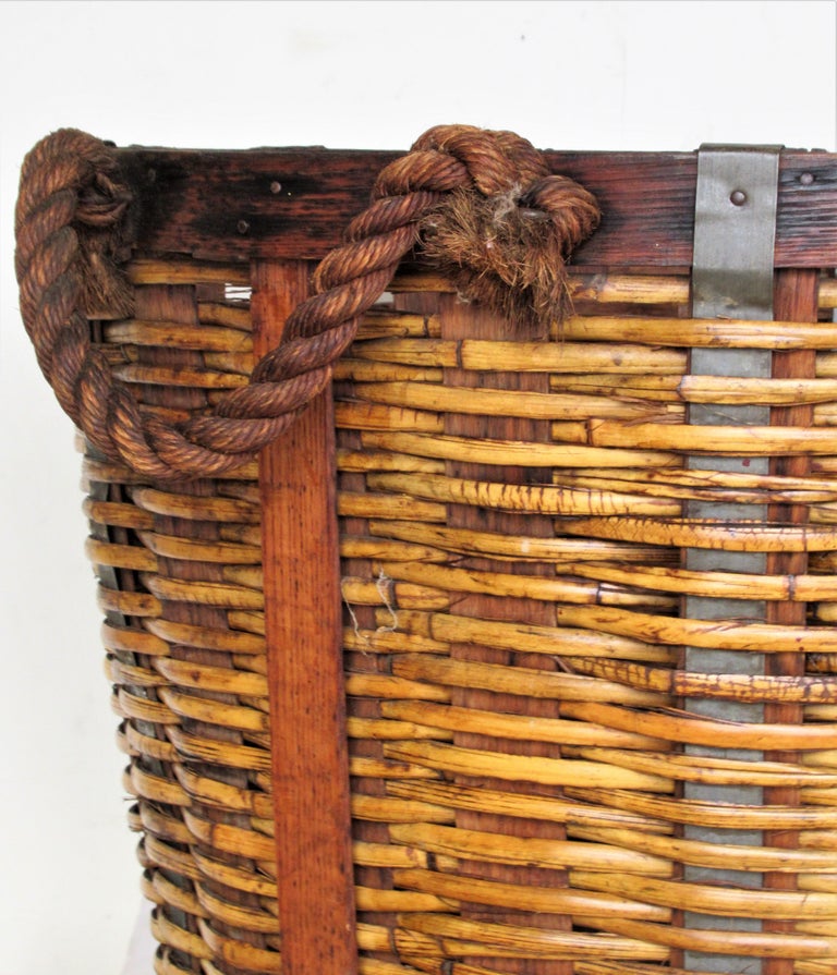 Big Rattan Reed Basket with Oak and Metal Strapping at 1stDibs