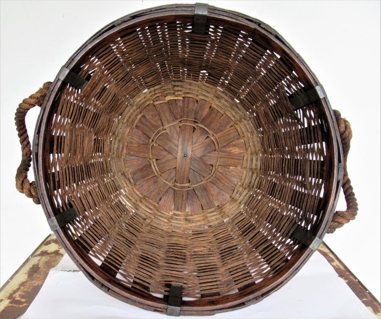 Big Rattan Reed Basket with Oak and Metal Strapping at 1stDibs