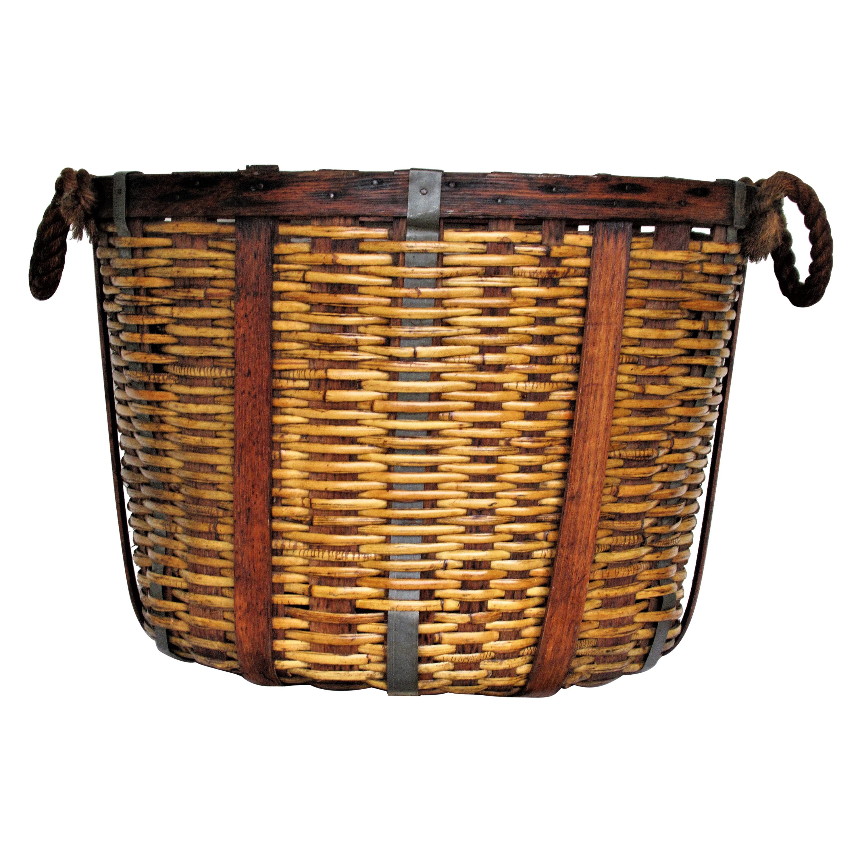 Big Rattan Reed Basket with Oak and Metal Strapping at 1stDibs