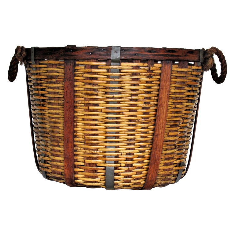 Big Rattan Reed Basket with Oak and Metal Strapping at 1stDibs